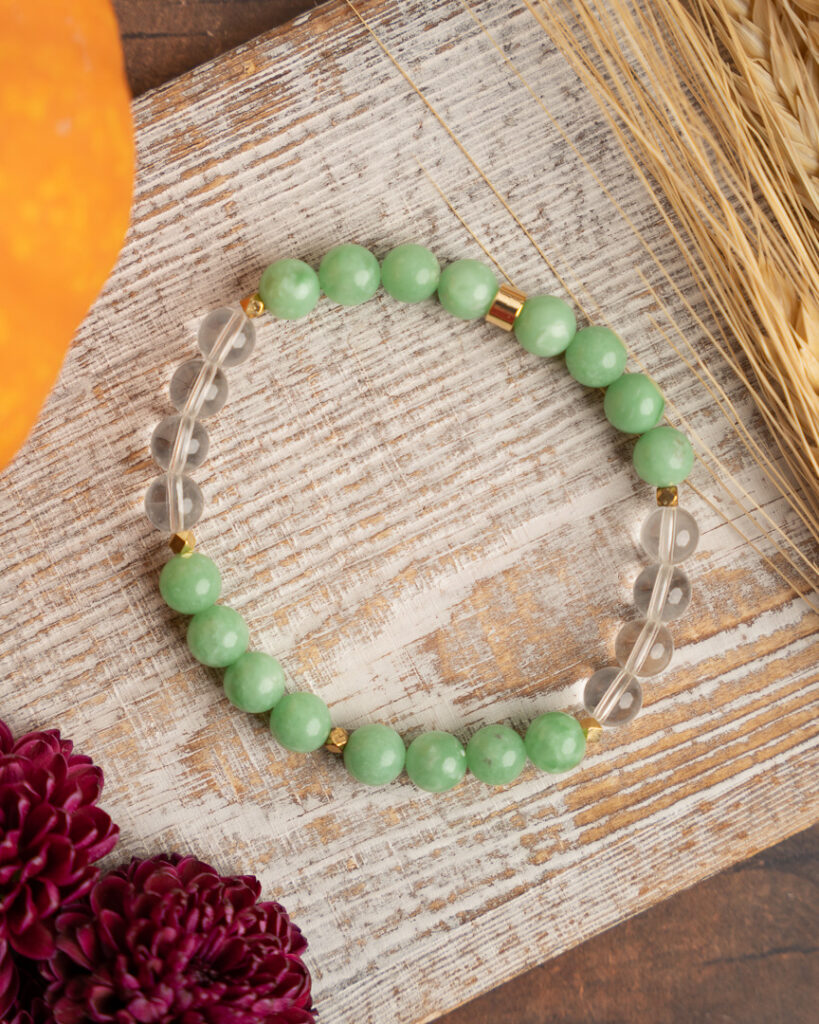 Green Jade + Quartz Crystal Handmade Stretch Bracelet – Earth + Fire